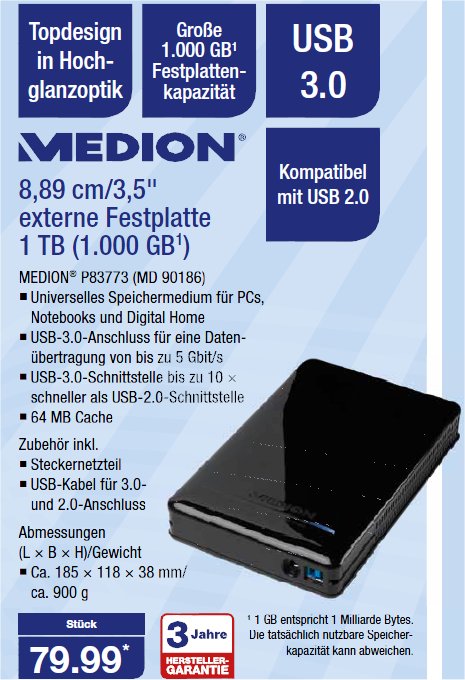 Ab Donnerstag bei Aldi: externe 1-TByte-USB-3.0-Disk - speicherguide.de